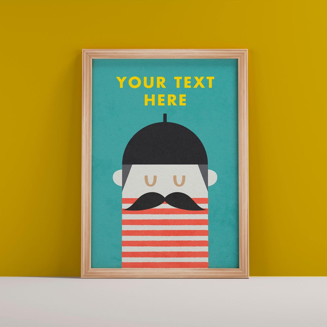 Mustache Art Print, Mediterranean Character Poster, Personalized Text ...