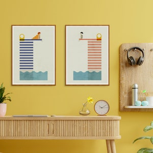 Vintage Swimmer Girl Print: Retro Diving Board, Geometric Ocean Art - Etsy