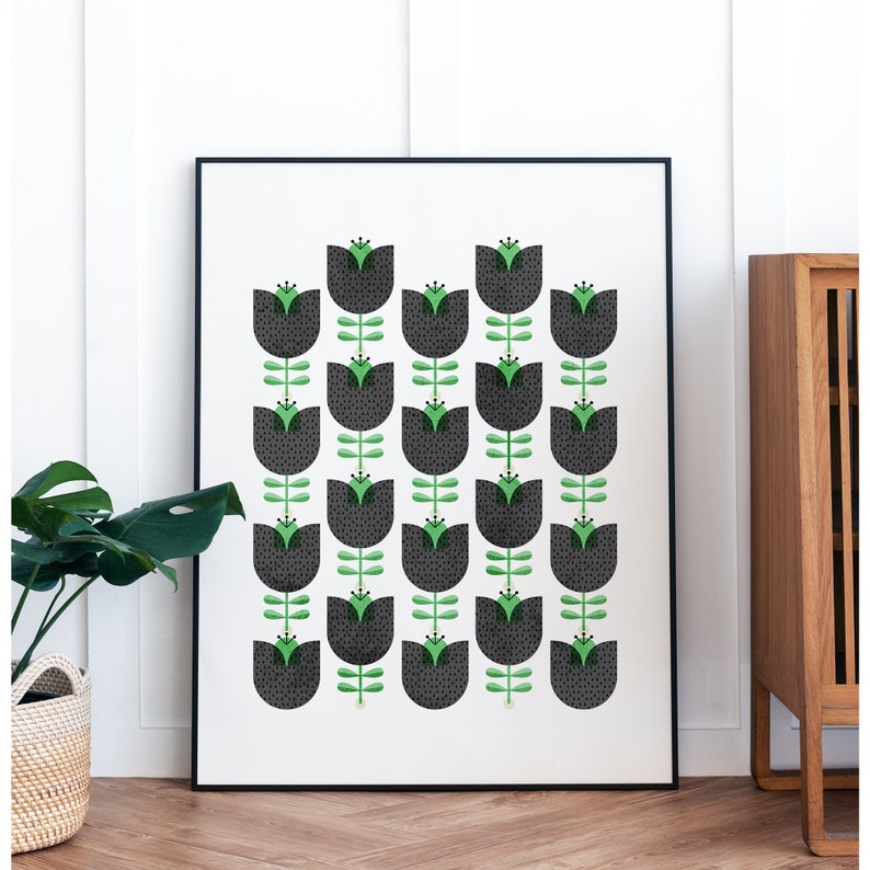 Modern retro Scandi flowers print wall art Scandinavian | Etsy