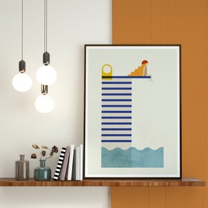 Vintage Swimmer Girl Print: Retro Diving Board, Geometric Ocean Art - Etsy