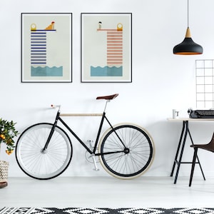 Vintage Swimming Couple on a Springboard Graphic Illustration Print ...