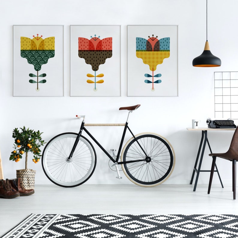 Geometric Flowers Set of 3 Modern Wall Art Floral Design - Etsy