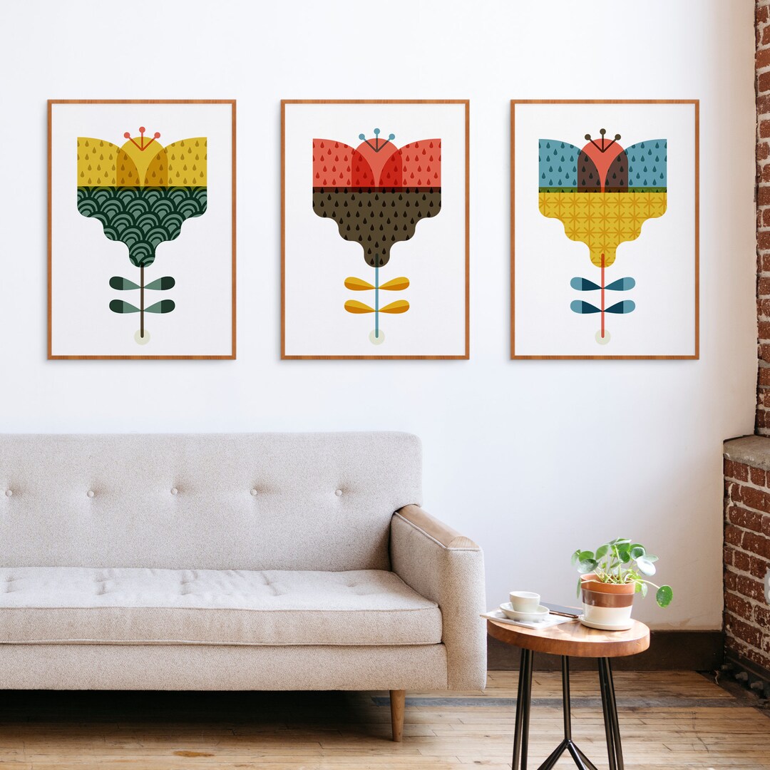 Geometric Flowers Set of 3 Modern Wall Art, Floral Design, Nordic Print ...
