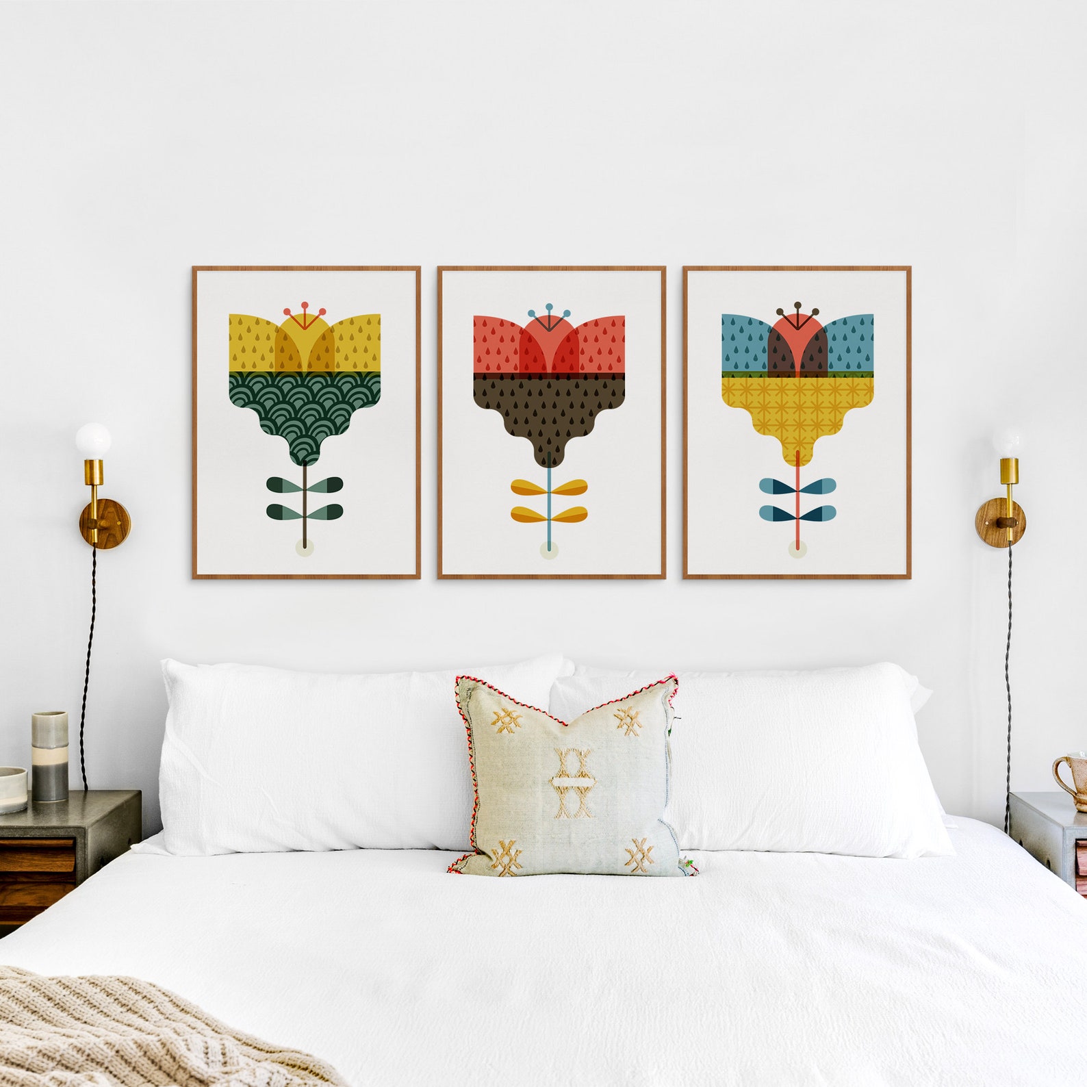 Geometric Flowers Set of 3 Modern Wall Art Floral Design - Etsy