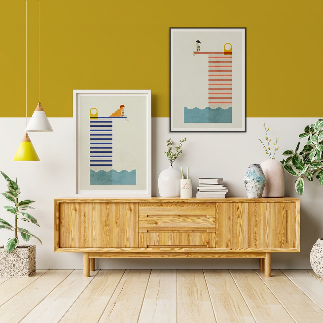 Vintage Swimming Couple on a Springboard Graphic Illustration Print ...