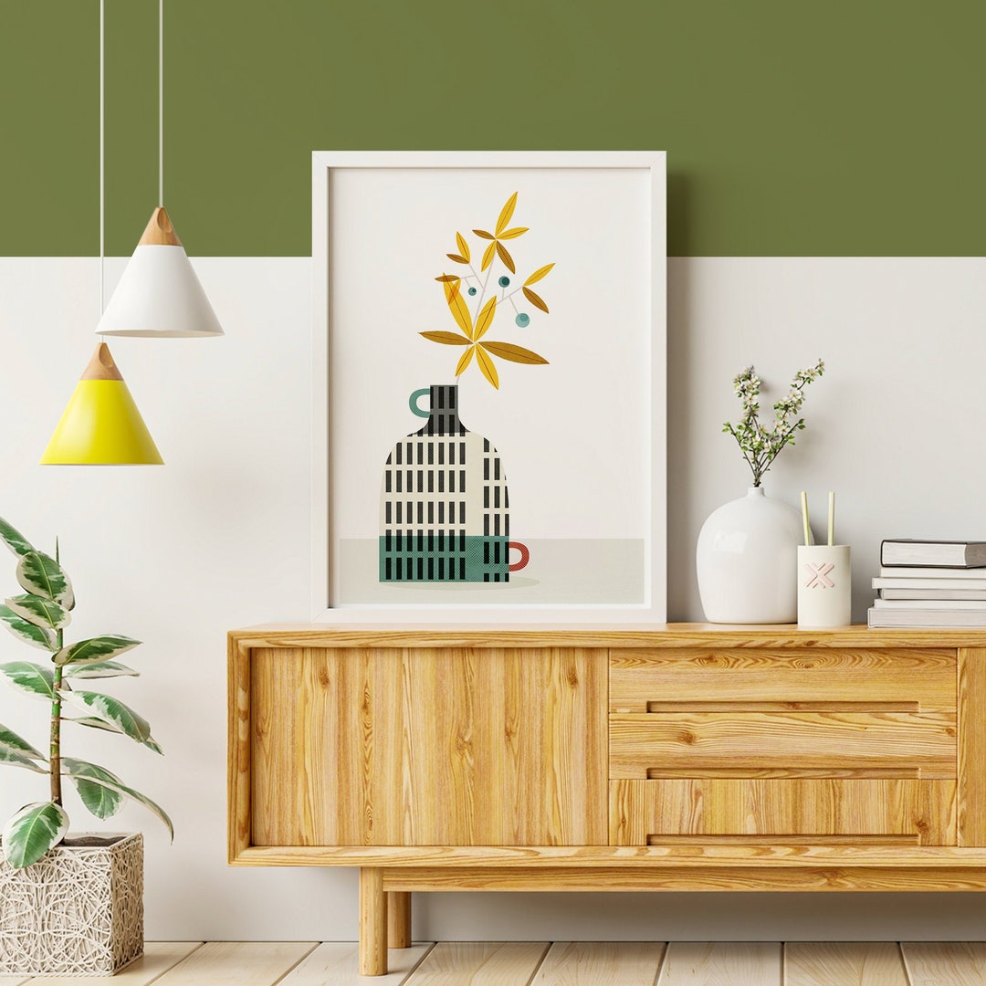 Mid Century Modern Pottery Vase Poster Print, Graphic Retro Floral ...
