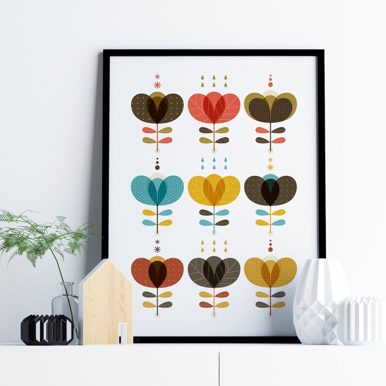 Modern retro Scandi flowers print wall art Scandinavian | Etsy