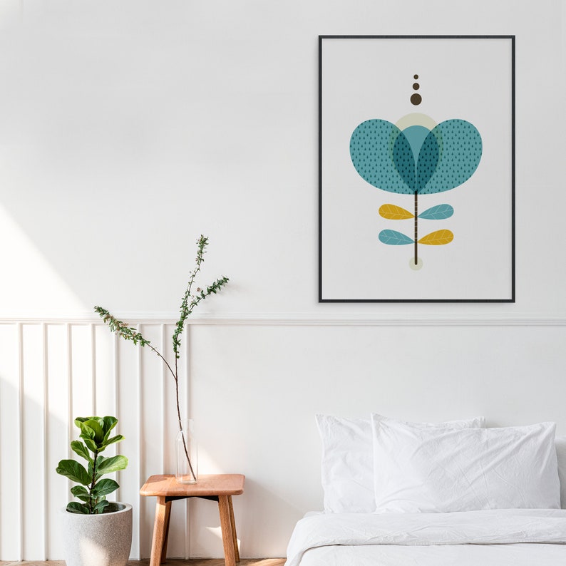 Turquoise Mid Century Modern Flower Wall Art Retro Flower - Etsy