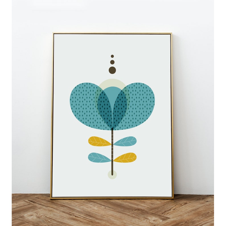 Turquoise Mid Century Modern Flower Wall Art Retro Flower - Etsy