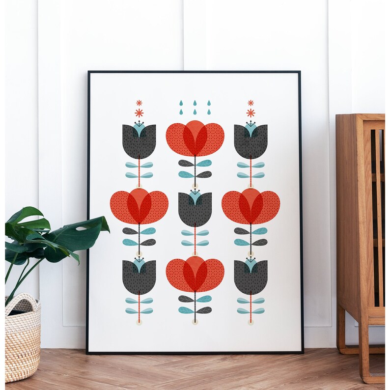 Modern retro Scandi flowers print wall art Scandinavian | Etsy