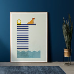 Vintage Swimmer Girl Print: Retro Diving Board, Geometric Ocean Art - Etsy