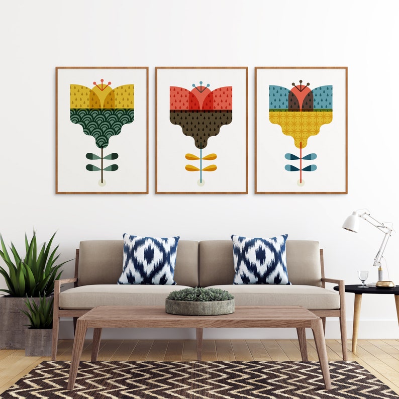 Geometric Flowers Set of 3 Modern Wall Art Floral Design - Etsy