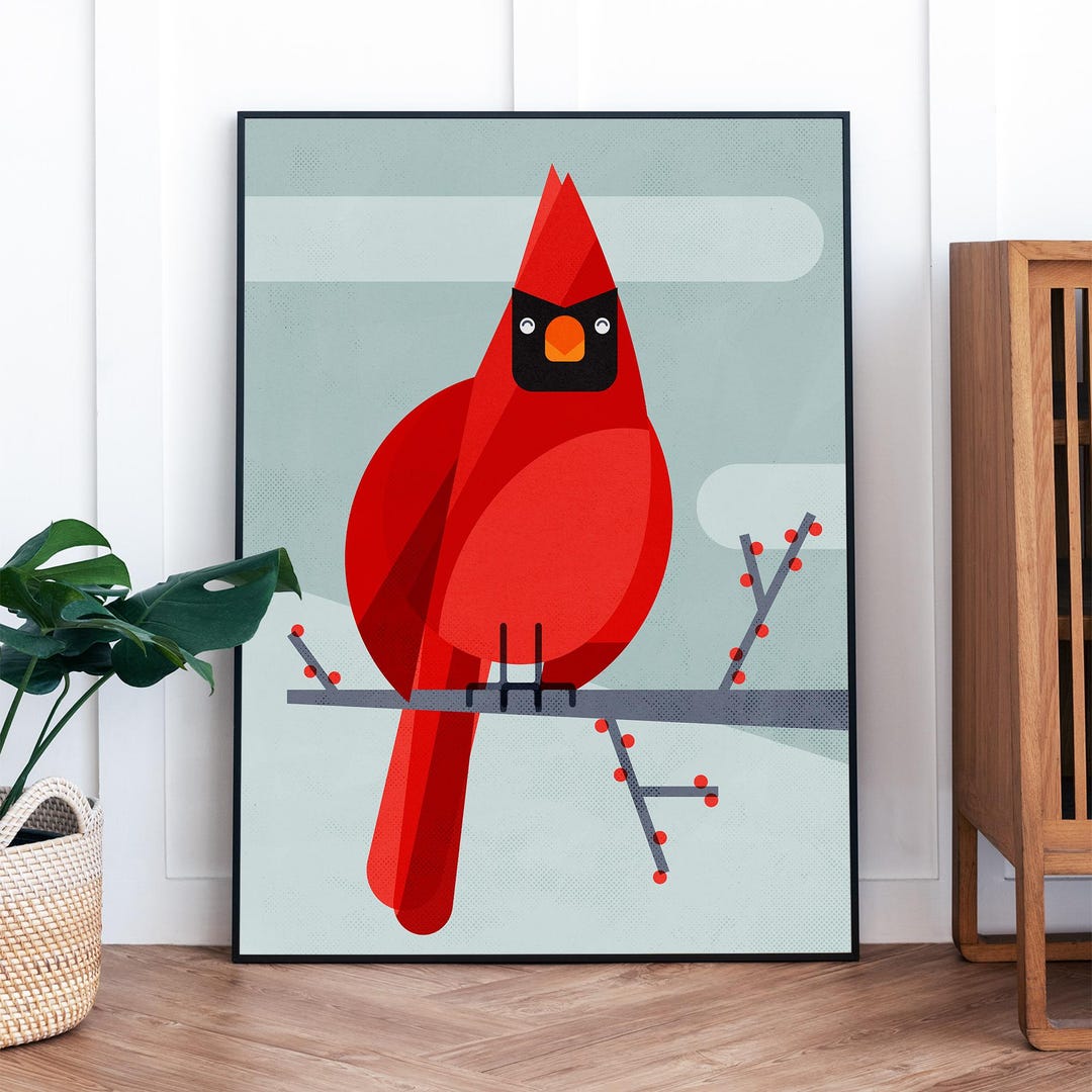 Vibrant Red Cardinal Print in a Geometric Mid Century Modern Style Wall ...
