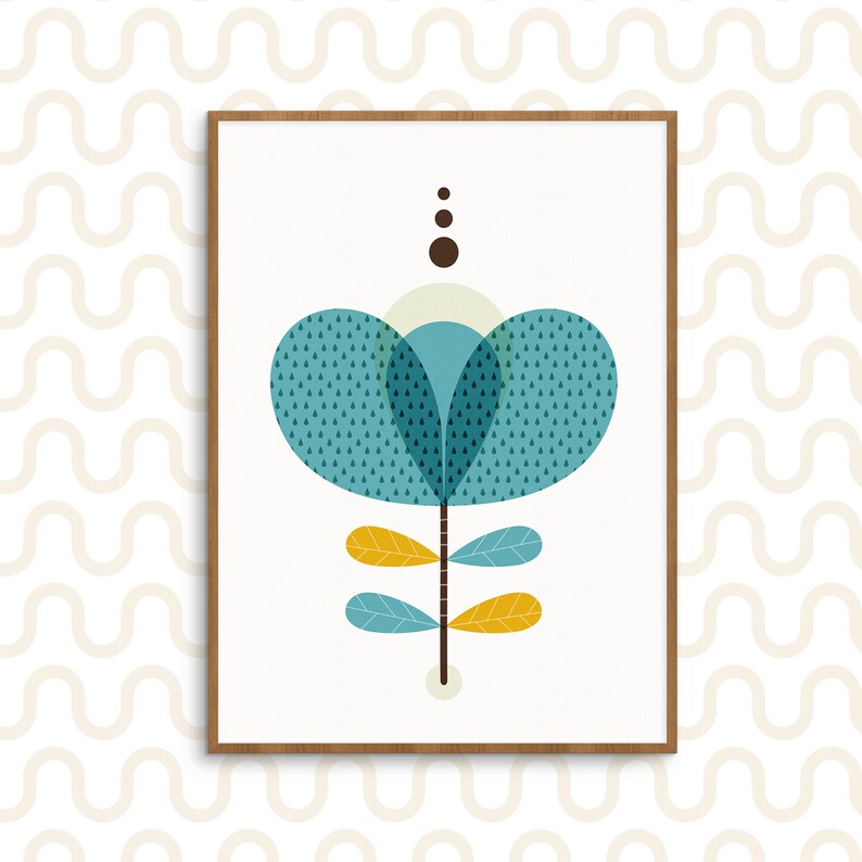 Turquoise Mid Century Modern Flower Wall Art Retro Flower - Etsy