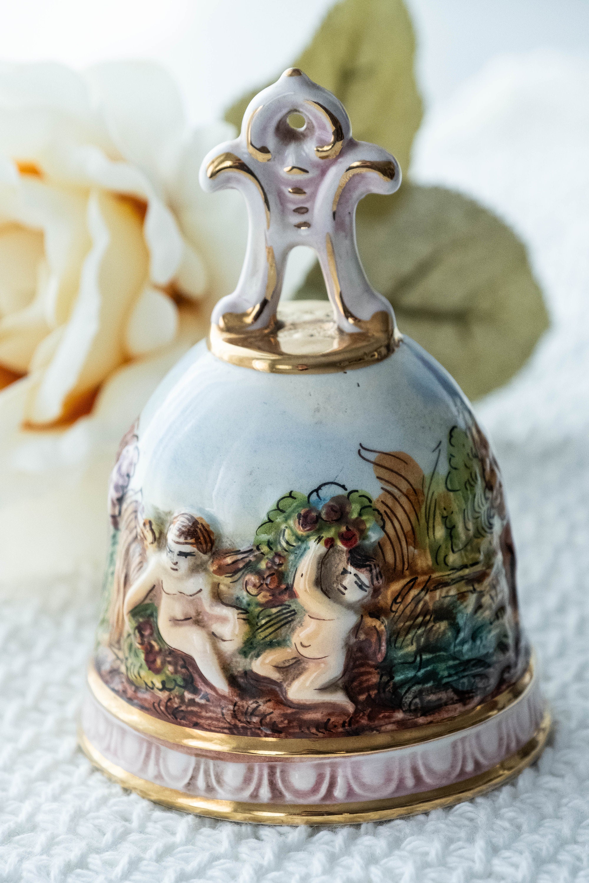 Vintage Numbered Capodimonte Porcelain Bell With Cherubs Gold Trim Made ...
