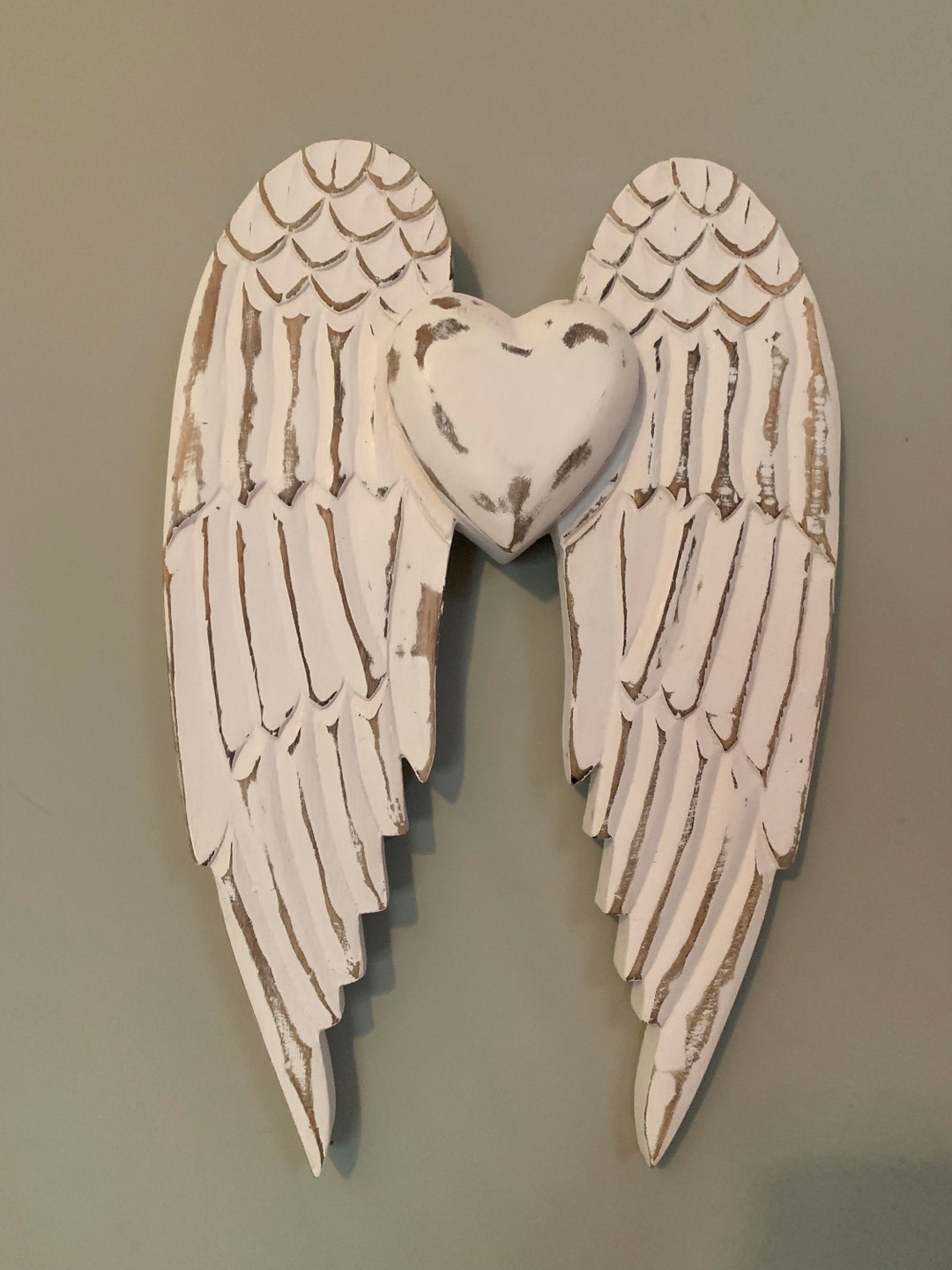 White Wooden Angel Wings Chunky Distressed With Central Heart - Etsy
