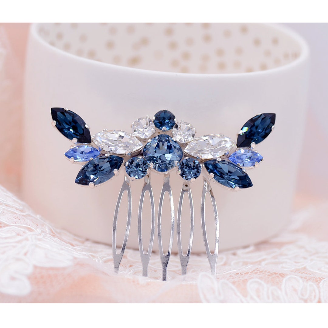 Dark Blue Bridal Comb, Ayumi, Romantic Wedding Comb, Blue Rhinestone ...