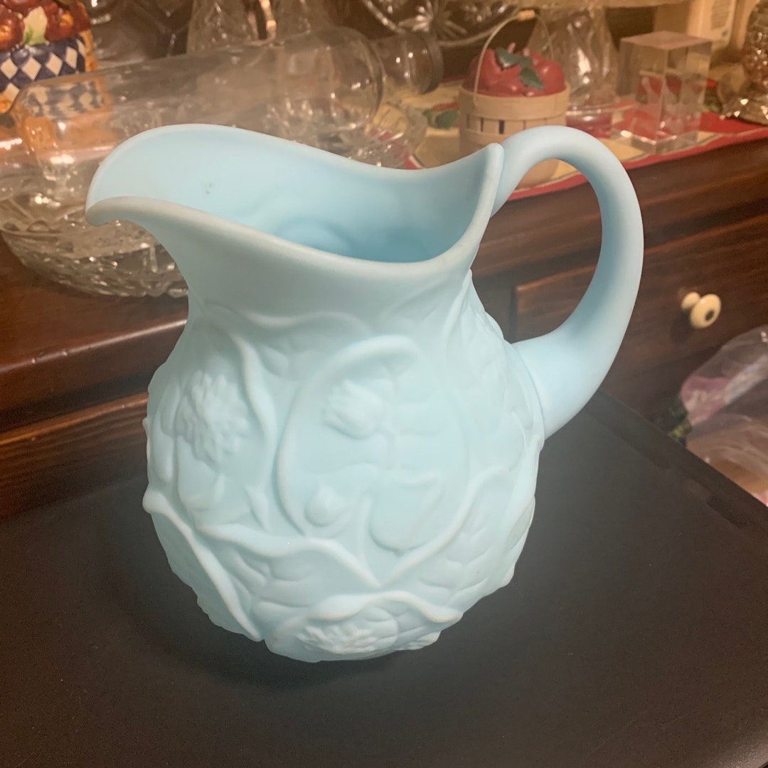 Vintage Fenton Custard Blue Satin Glass Pitcher Water Lily Design 7 ...
