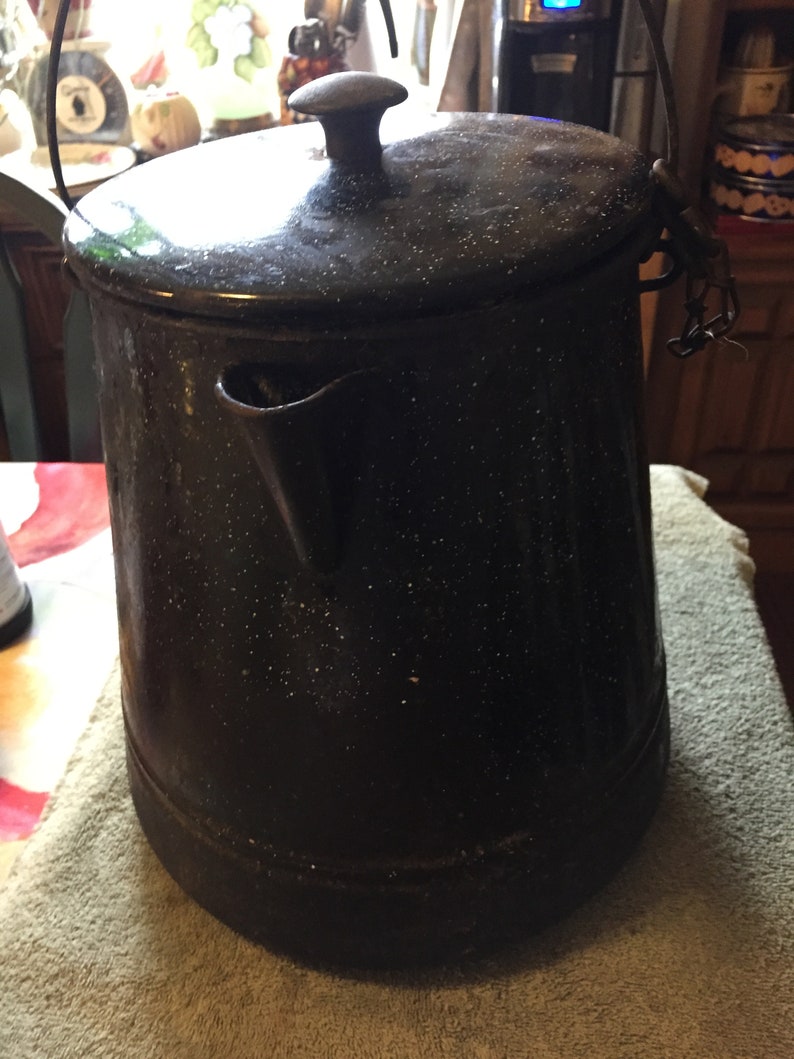 Antique Large Dk Blue Campfire Cowboy Coffe Kettle/pot Graniteware ...