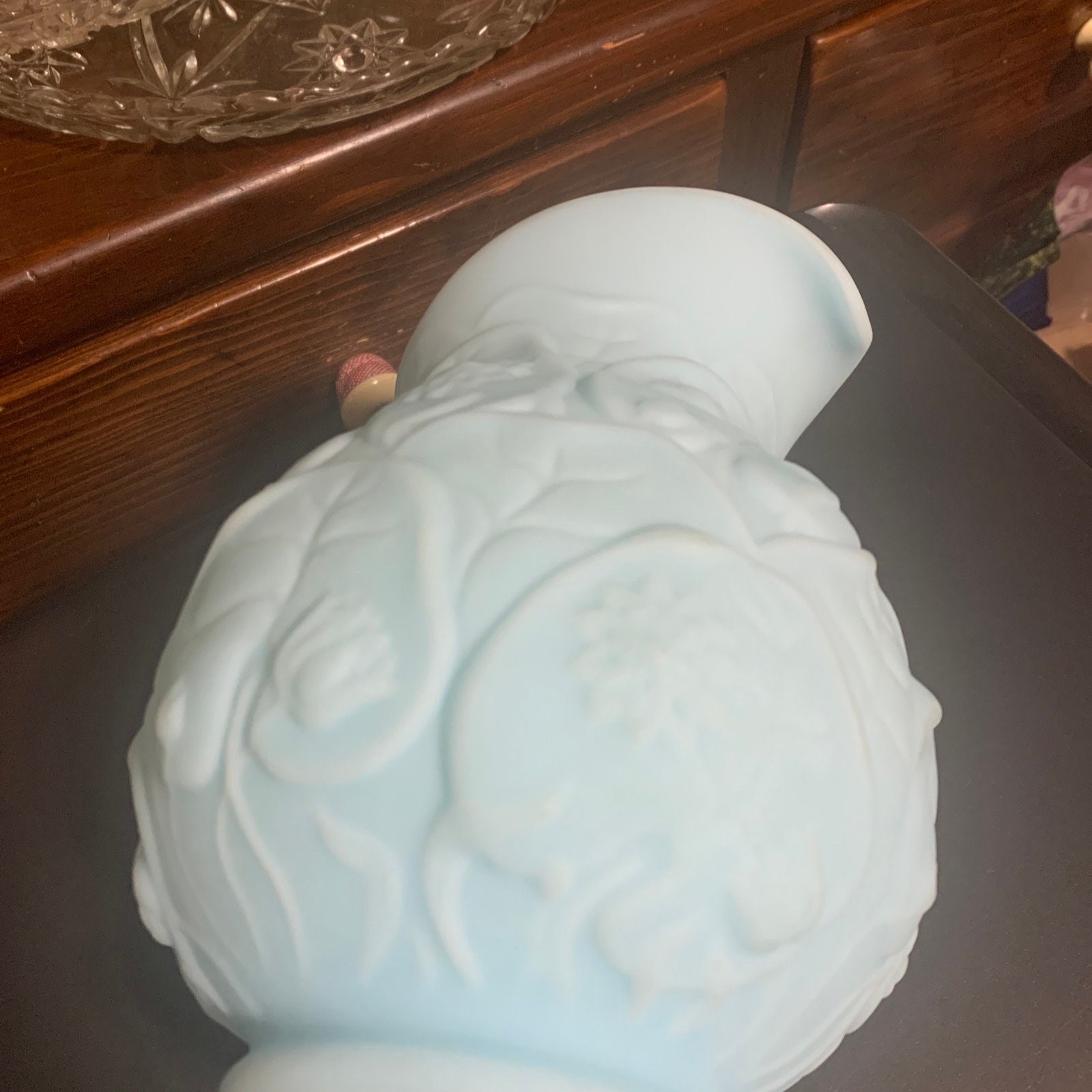 Vintage Fenton Custard Blue Satin Glass Pitcher Water Lily Design 7 ...