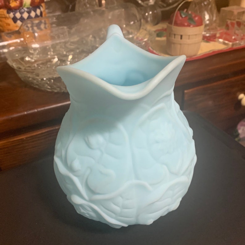 Vintage Fenton Custard Blue Satin Glass Pitcher Water Lily Design 7 ...