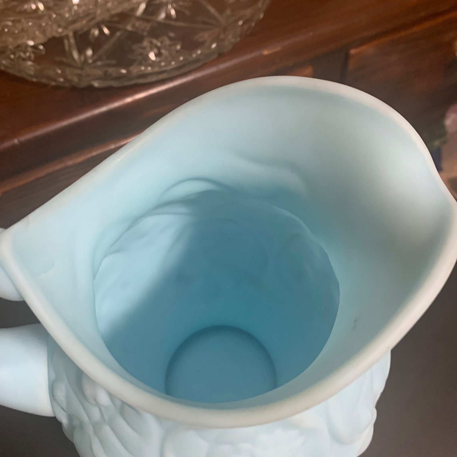 Vintage Fenton Custard Blue Satin Glass Pitcher Water Lily Design 7 ...
