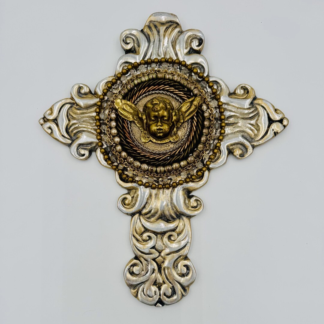 Assemblage Wall Cross Collage Art Layered With Vintage Brass Cherub and ...