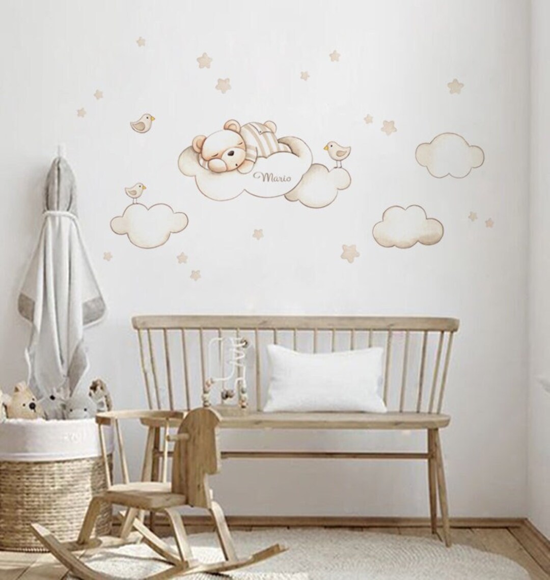 Baby Teddy wall decal nursery, cute bear on cloud personalised stickers ...
