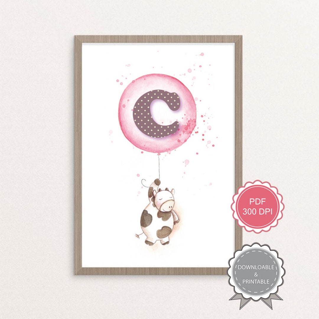 Initial Letter C Cow Printable Art . Digital Nursery Print, Animals A4 ...