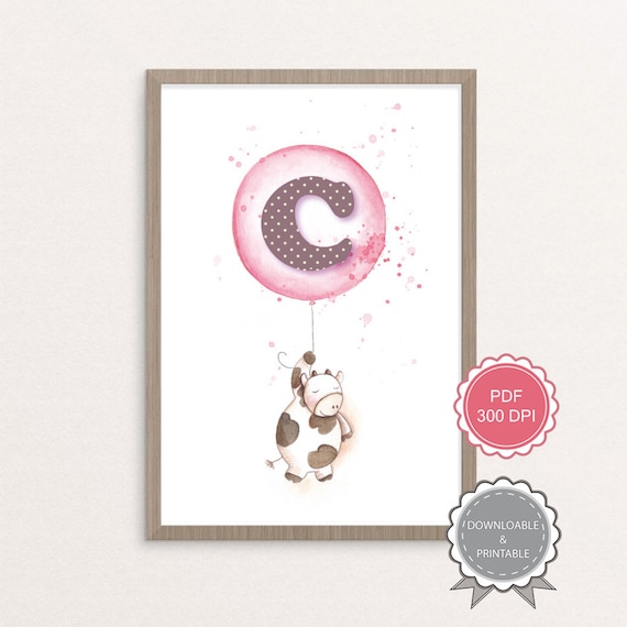 Initial letter C cow printable art . digital Nursery Print | Etsy