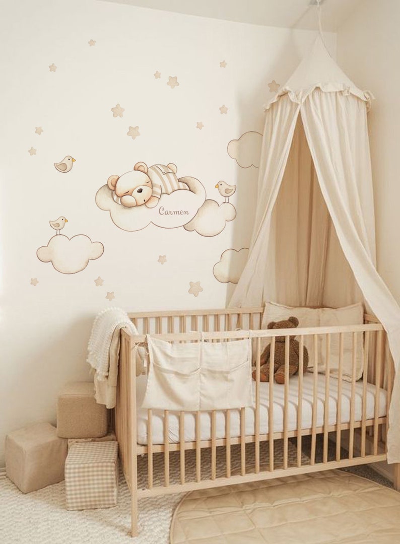 Baby Teddy wall decal nursery, cute bear on cloud personalised stickers ...