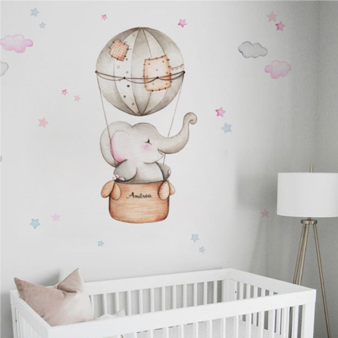 Baby Elephant Nursery Wall Decal, Hot Air Balloon With Elephant Nursery ...