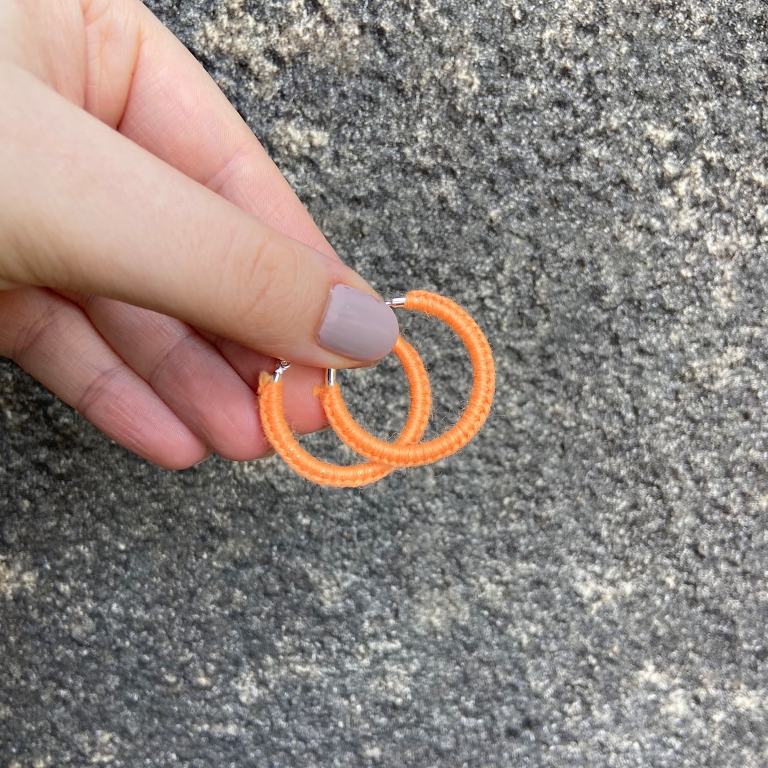 Small Neon Orange Hoop Earrings Yarn Wrapped Earrings Funky - Etsy