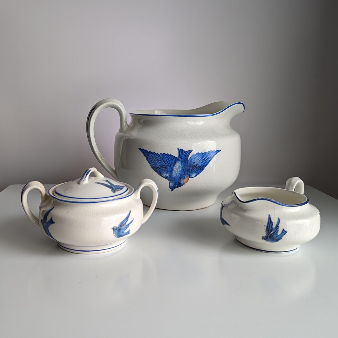 Vintage Bluebird Pitcher, Sugar & Creamer KTK 1930s Ohio Pottery - Etsy