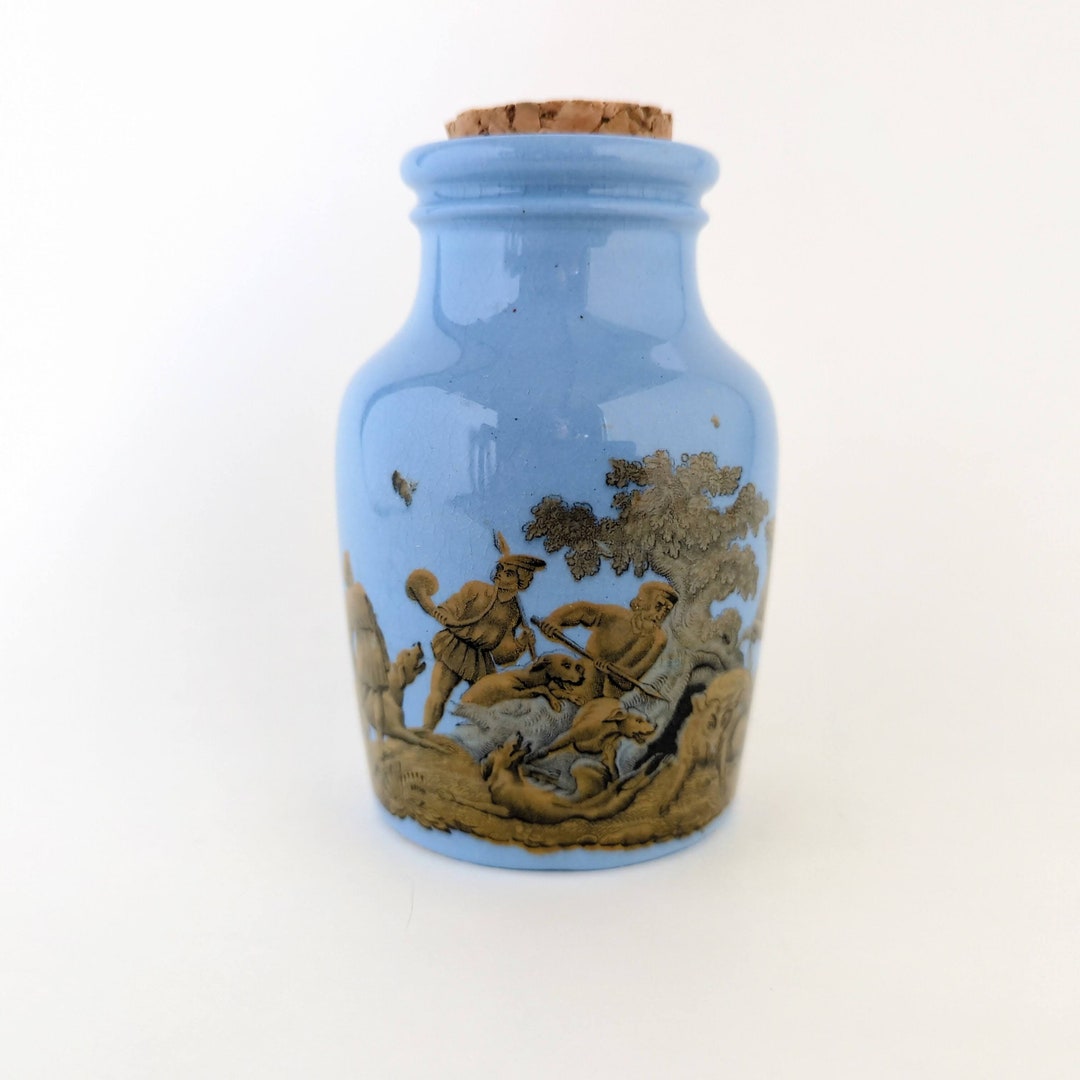 Antique Prattware Blue Boar Hunting Scene Jar Potted Meat Pot circa ...