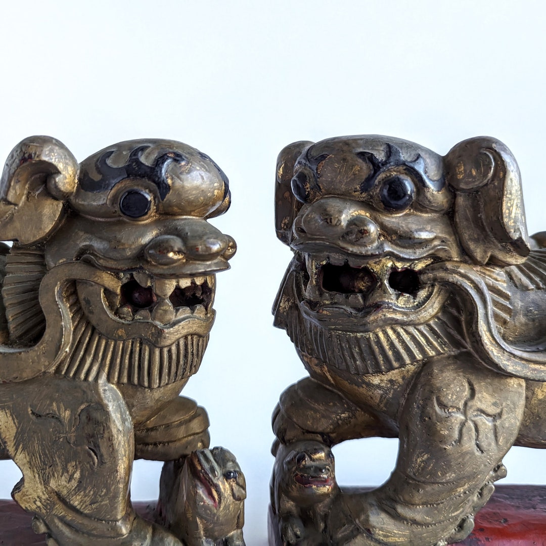 Captivating Pair of Hand-carved Foo Dog Figurines, Guardian Lion Dogs ...