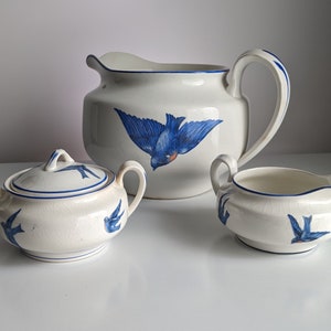 Vintage Bluebird Pitcher, Sugar & Creamer KTK 1930s Ohio Pottery - Etsy