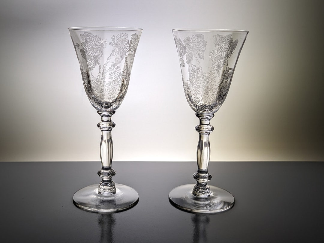 Pair of Cambridge Glass Gloria Etched Stemware Art Deco Wine Glasses ...