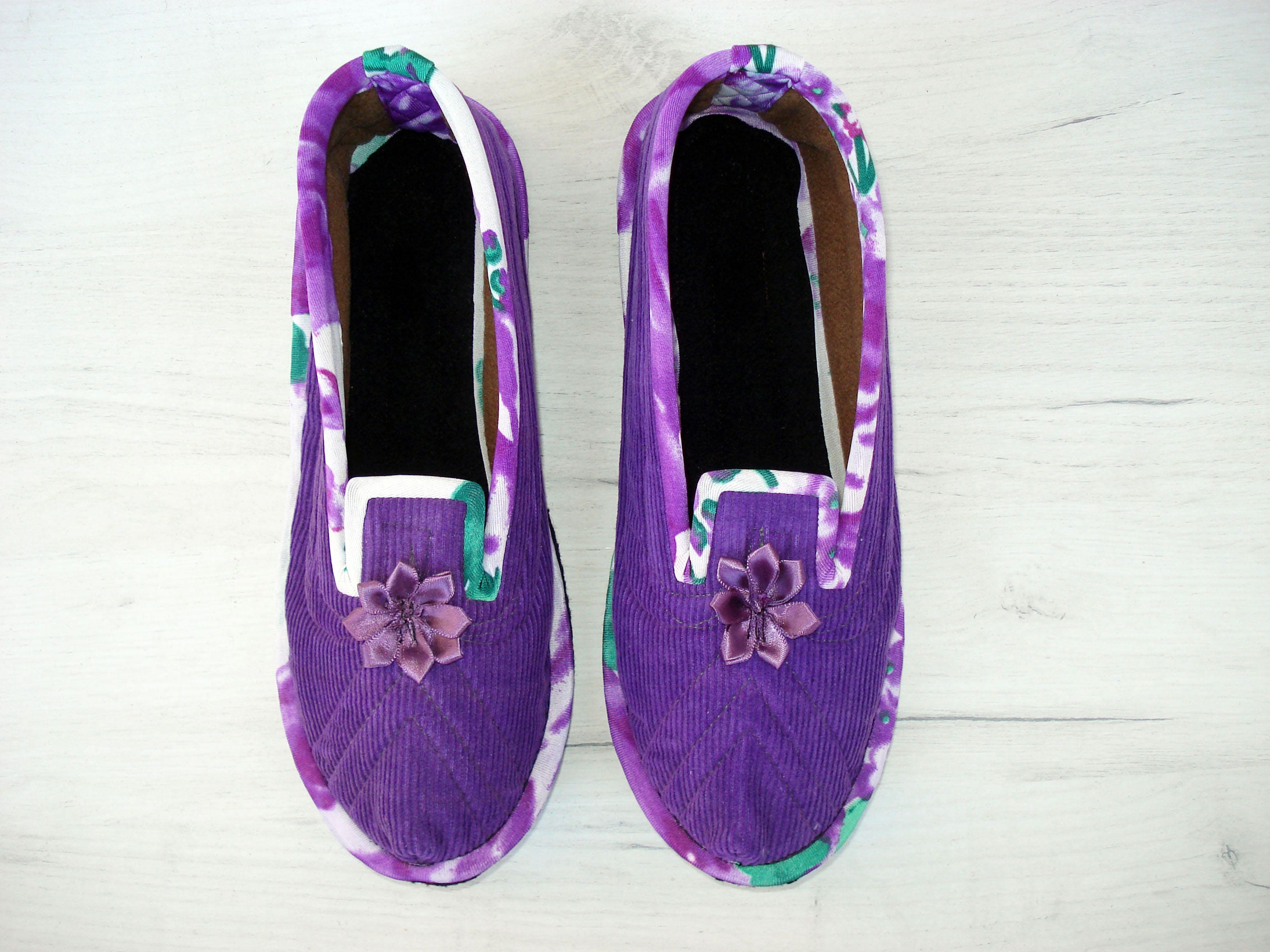 Purple Velvet Warm Slippers, Wool House Slippers, Ribbon, Slippers ...