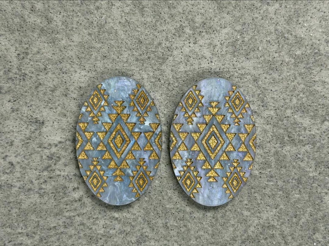 Blue Purple Shadow Marble Aztec Design, Oval 21mm X 32mm, Gold Accents ...