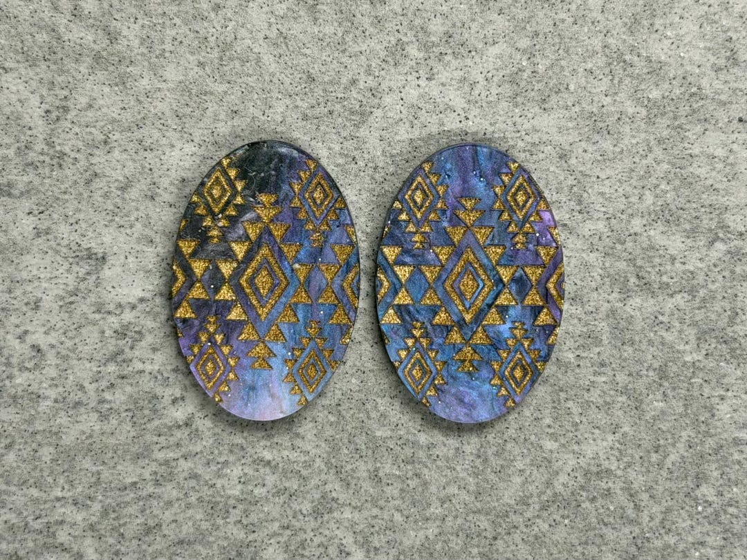 Cosmic Night Shadow Marble Aztec Design, Oval 21mm X 32mm, Gold Accents ...