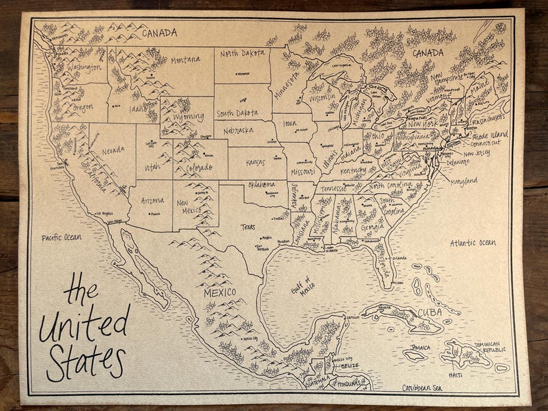 United States Map: Aged, Handmade, Hand Drawn, Authentic Gift of ...