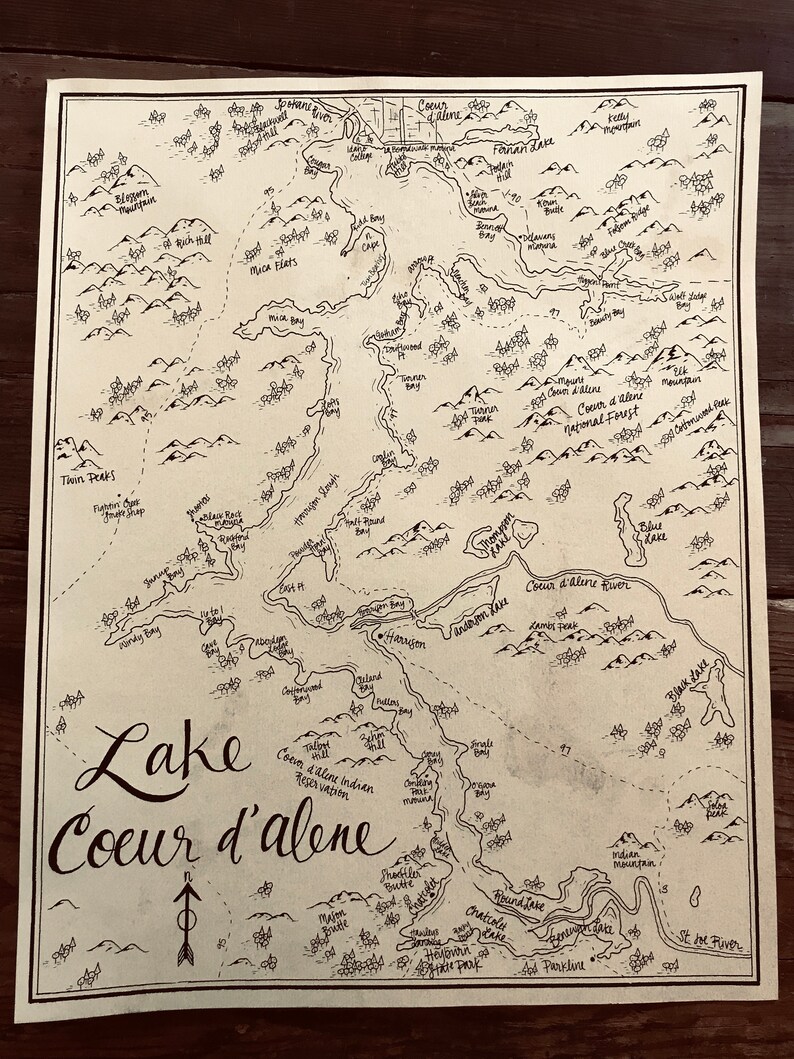 Map of Lake Coeur D'alene: Aged Handmade Hand Drawn | Etsy
