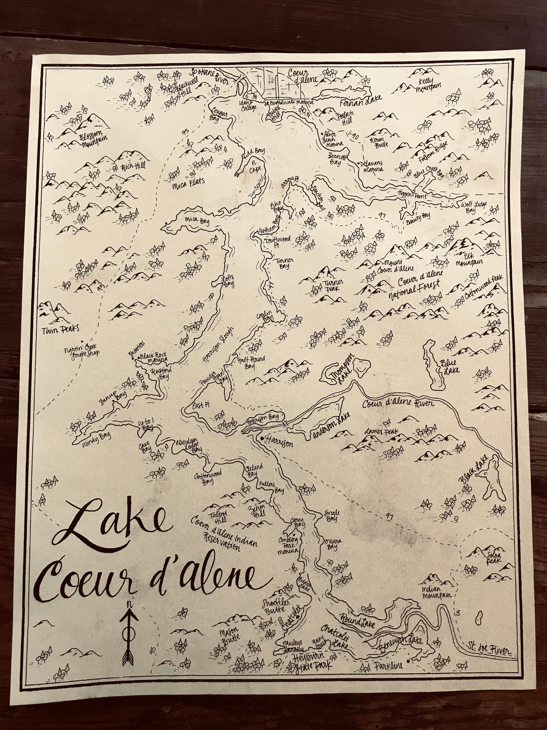 Map of Lake Coeur D'alene: Aged Handmade Hand Drawn - Etsy