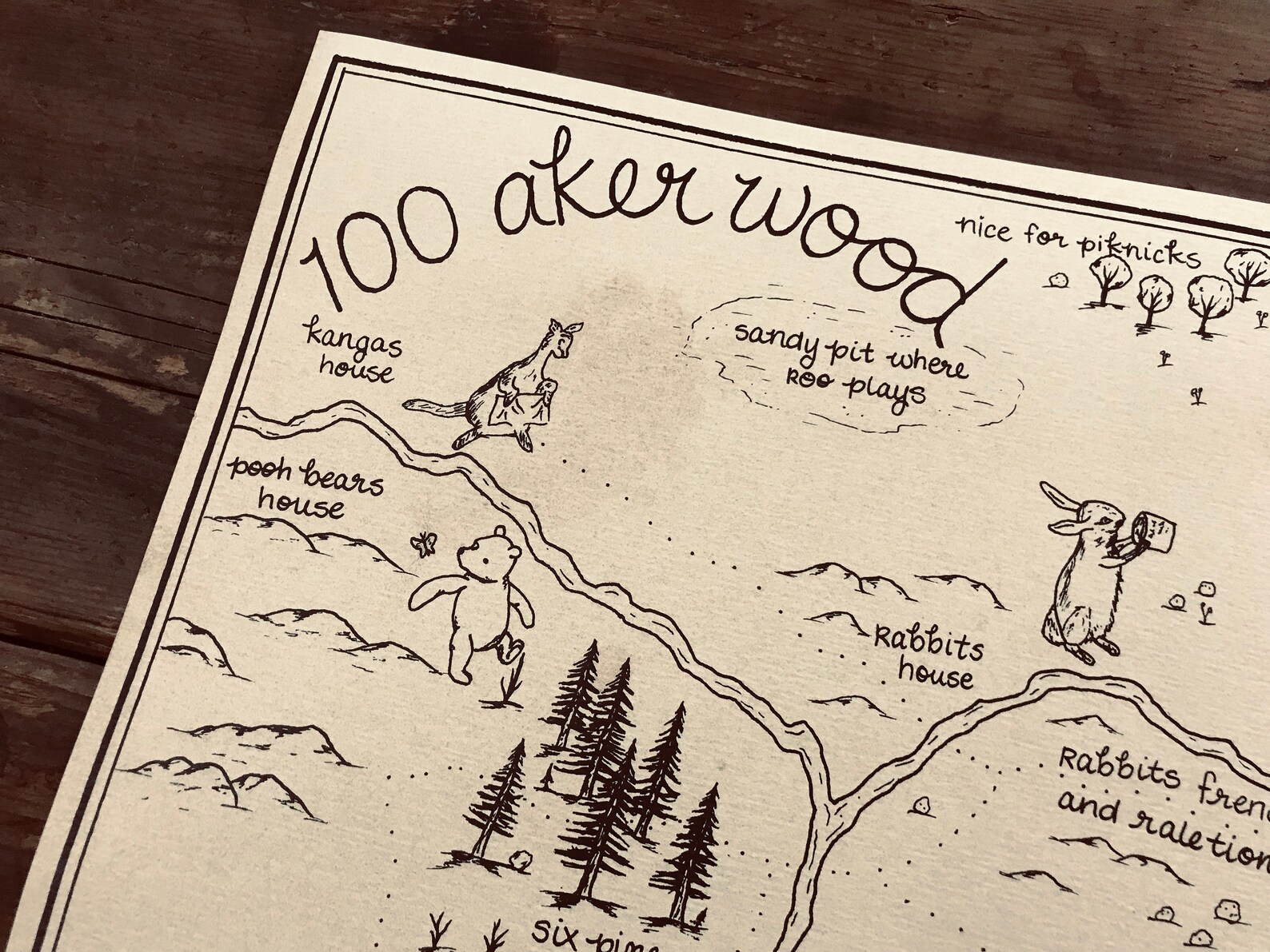 Map of 100 Aker Wood: Aged Handmade Hand Drawn Authentic - Etsy