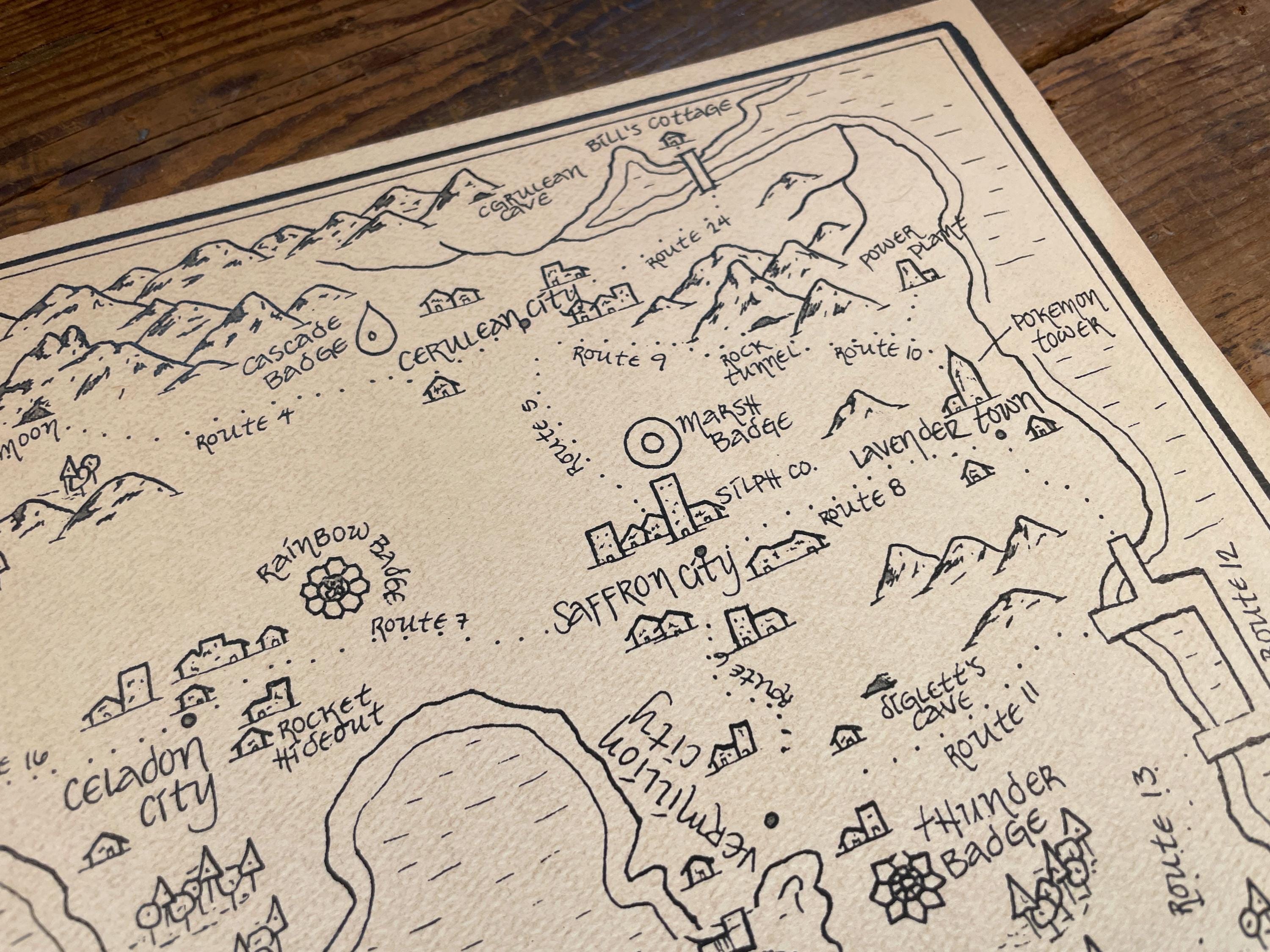 Pokemon Map of Kanto: Aged, Handmade, Hand Drawn, Authentic Gift ...