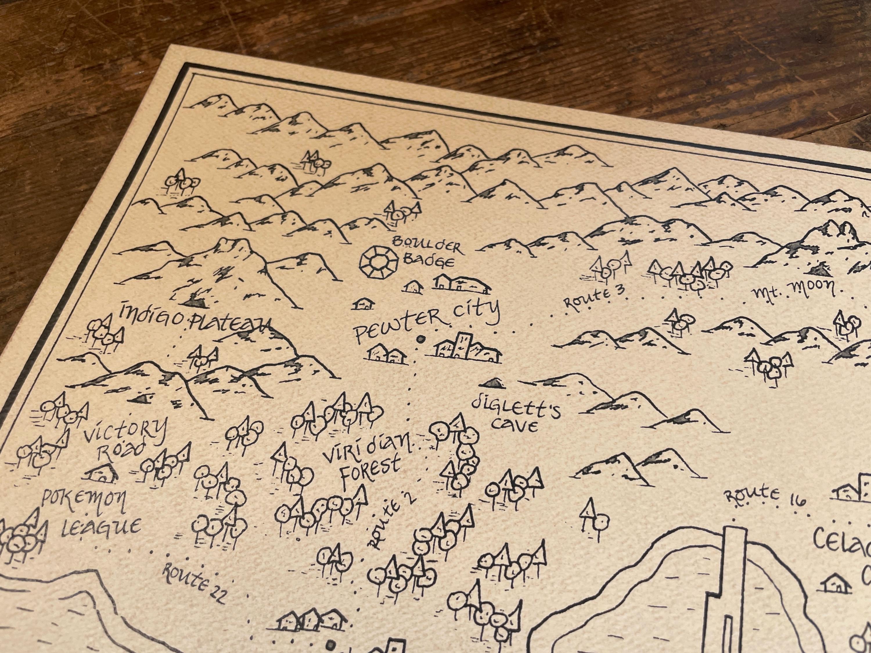 Pokemon Map of Kanto: Aged, Handmade, Hand Drawn, Authentic Gift ...