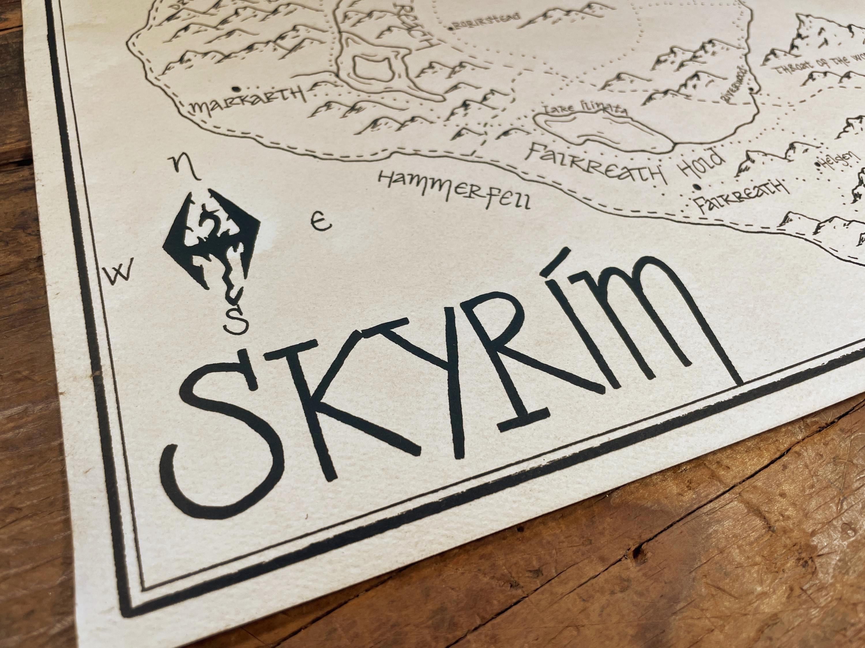 Map of Skyrim: Aged, Handmade, Hand Drawn, Authentic Gift, Fantasy Art ...
