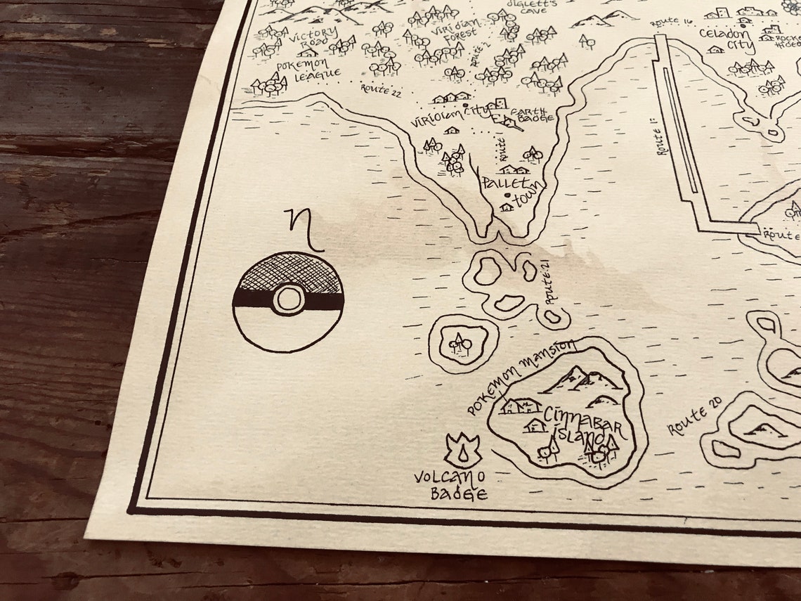 Pokemon Map of Kanto: Aged Handmade Hand Drawn Authentic - Etsy