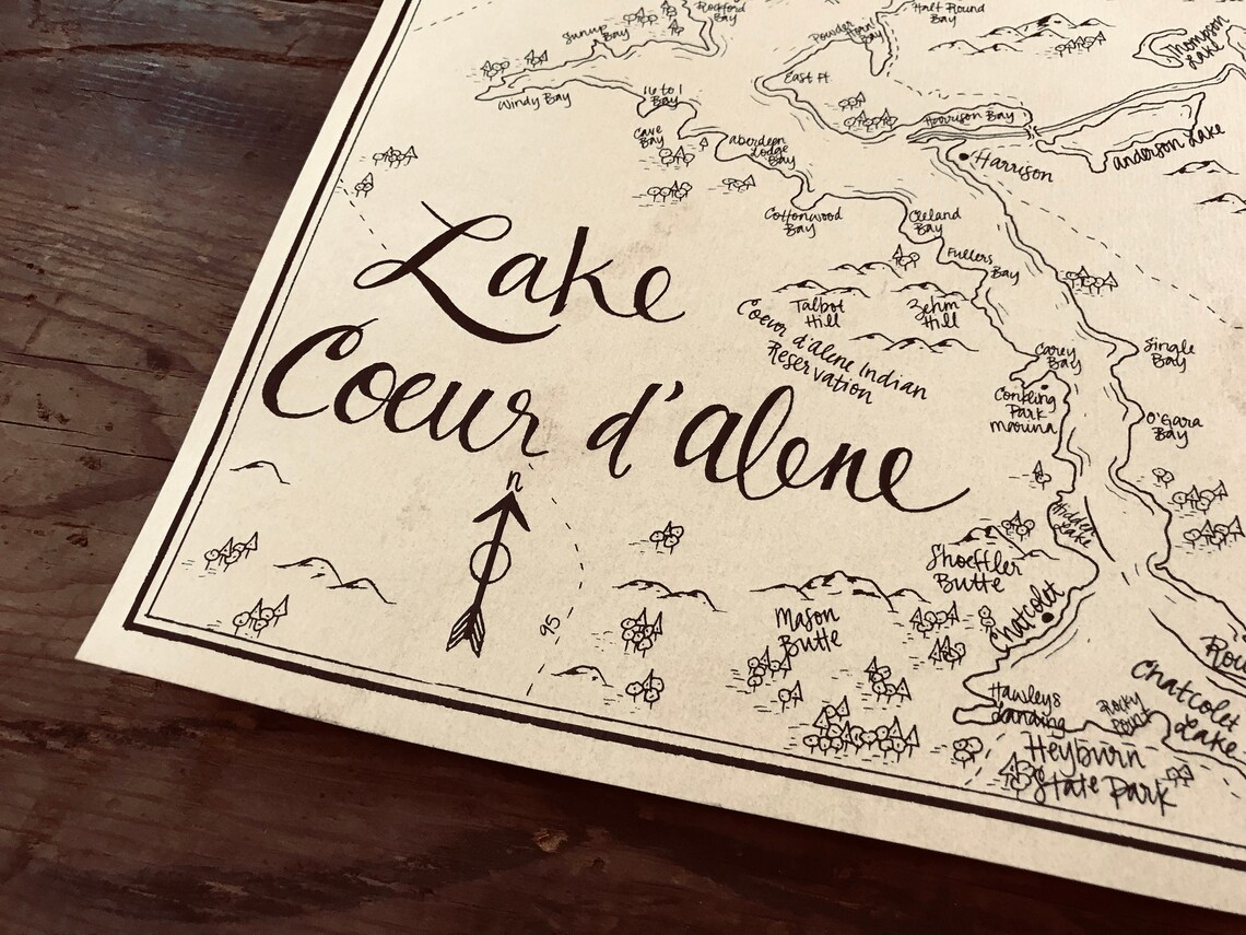 Map of Lake Coeur D'alene: Aged Handmade Hand Drawn - Etsy